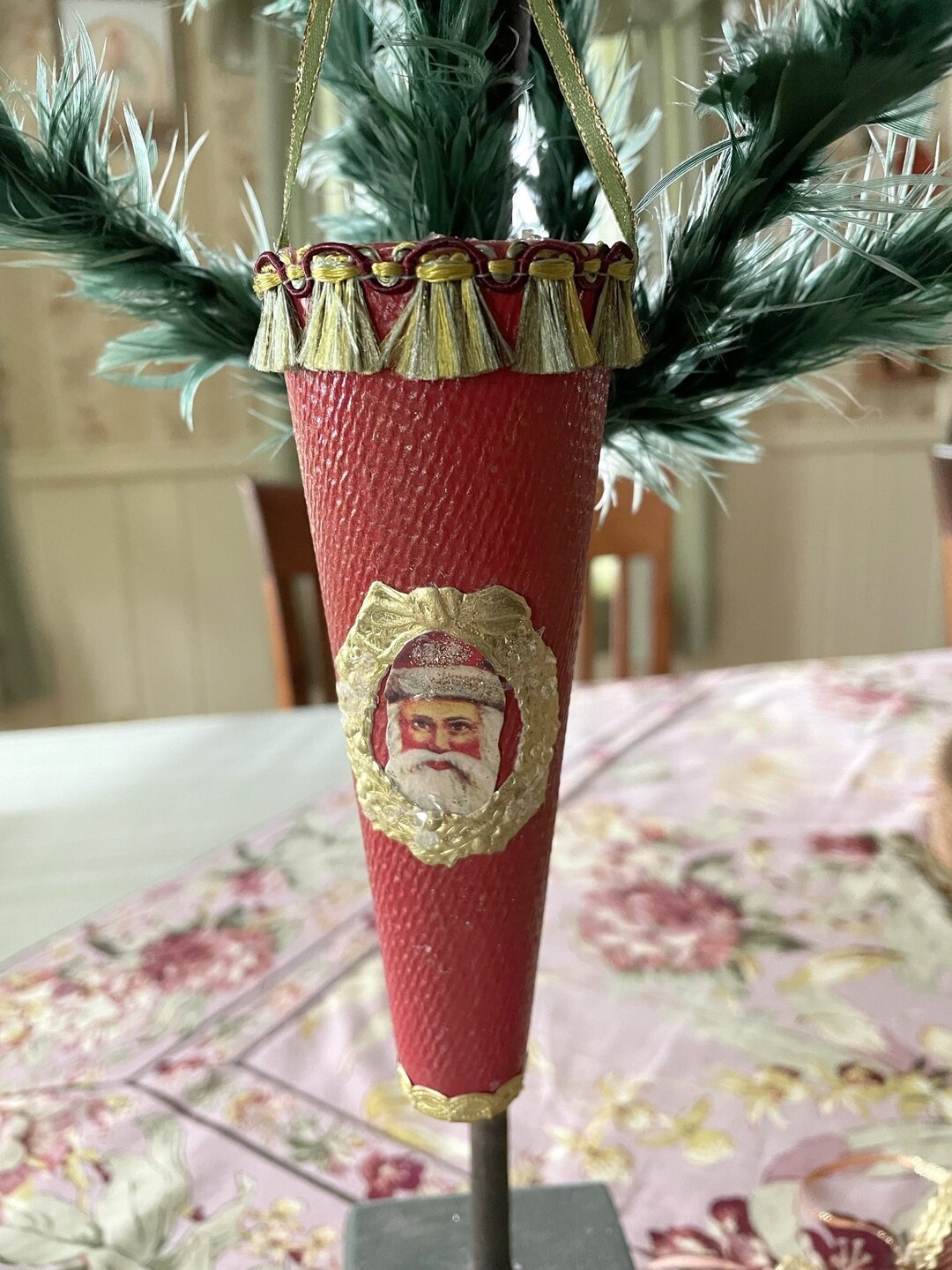 Vintage Style Xmas Red Paper Mache Cornucopia W Santa Die Cut in ...