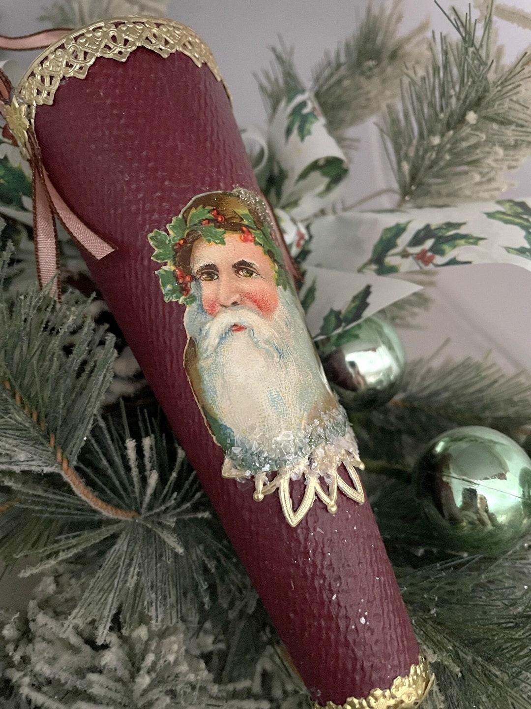 Vintage Style Xmas Burgundy Paper Mache Cornucopia W Antique Santa Die ...