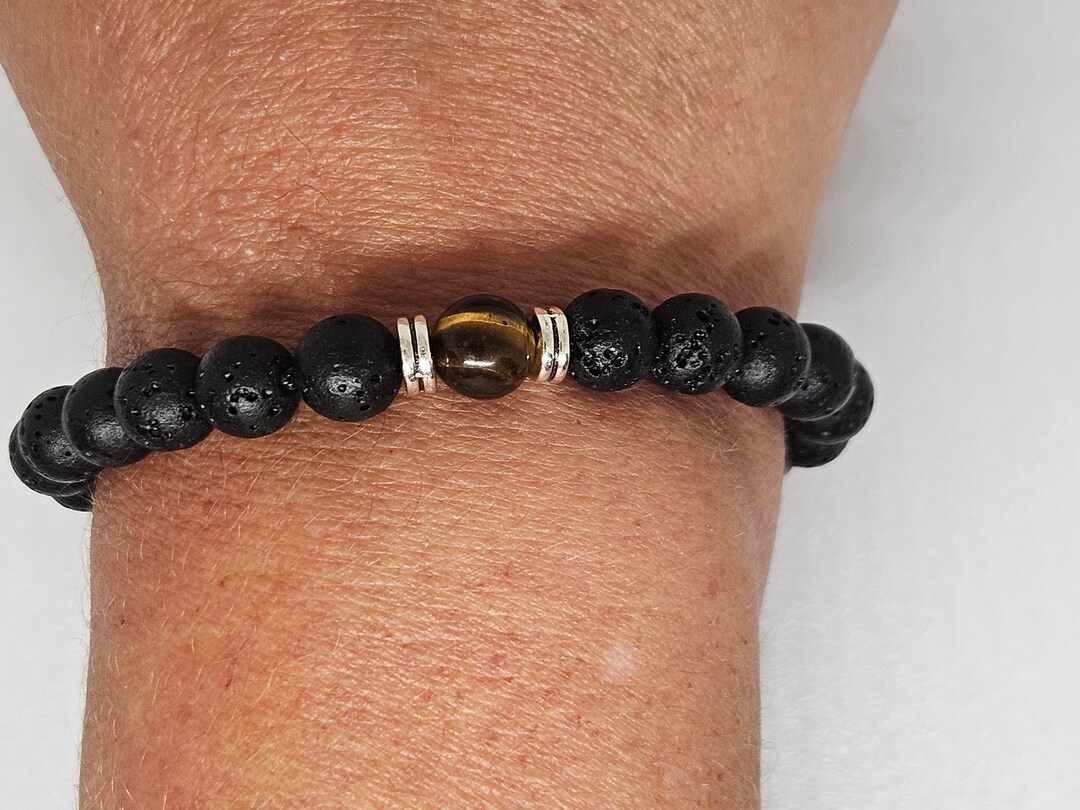 Men's Natural Tiger Eye and Lava Rock Stone Beaded Bracelet 8mm Strong ...