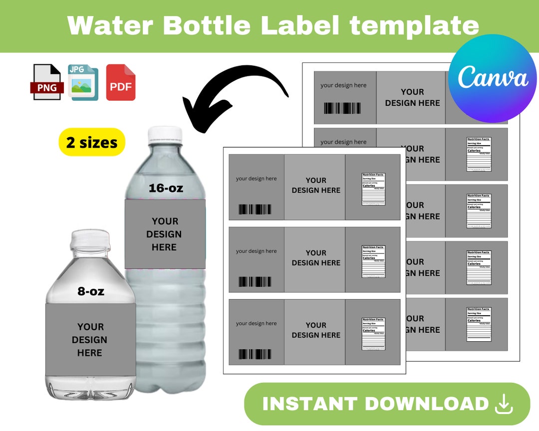 8oz, 16oz Water Bottle Labels, Water Bottle Label Template, Custom ...