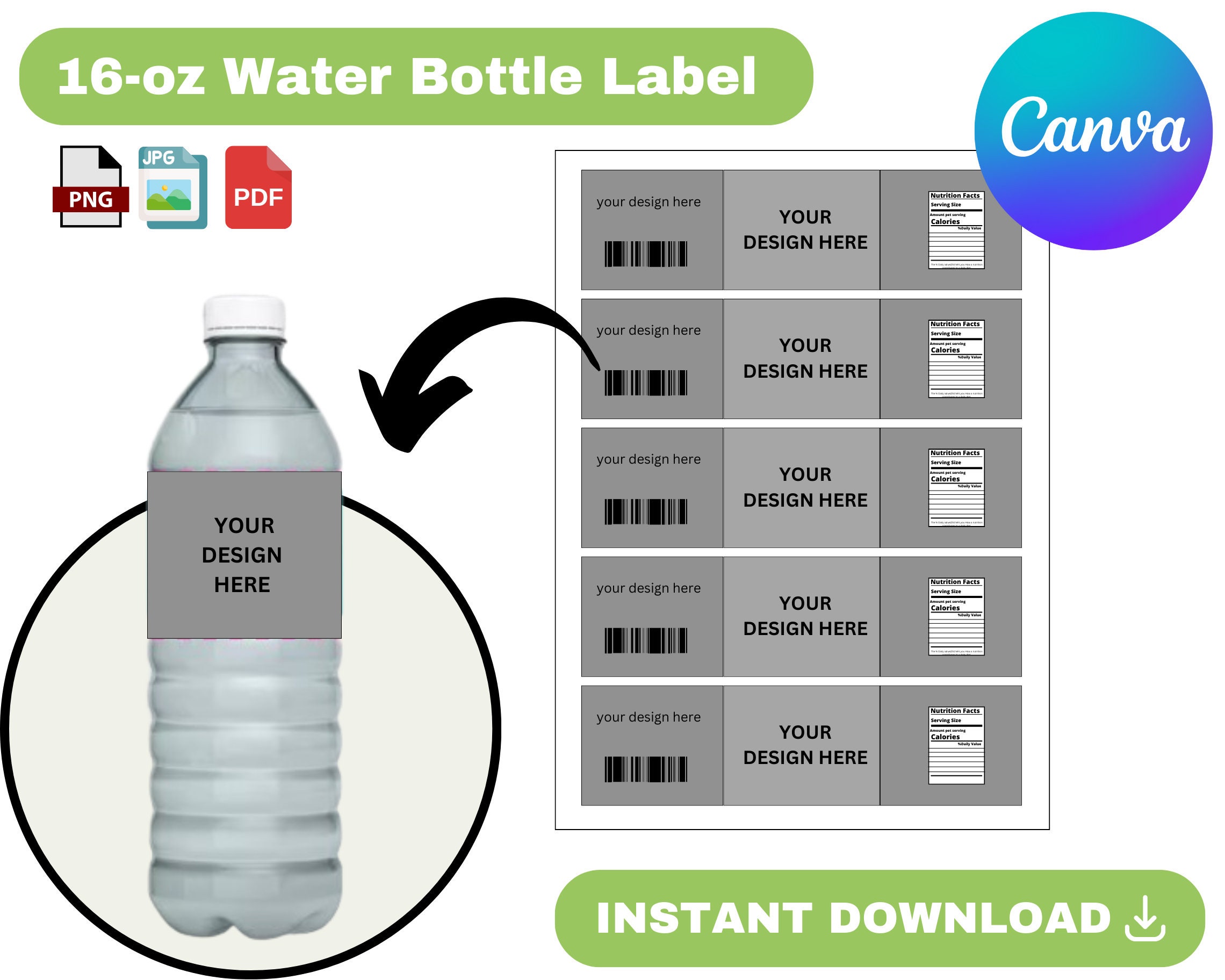 16oz Water Bottle Labels, Water Bottle Label Template, Custom Water ...