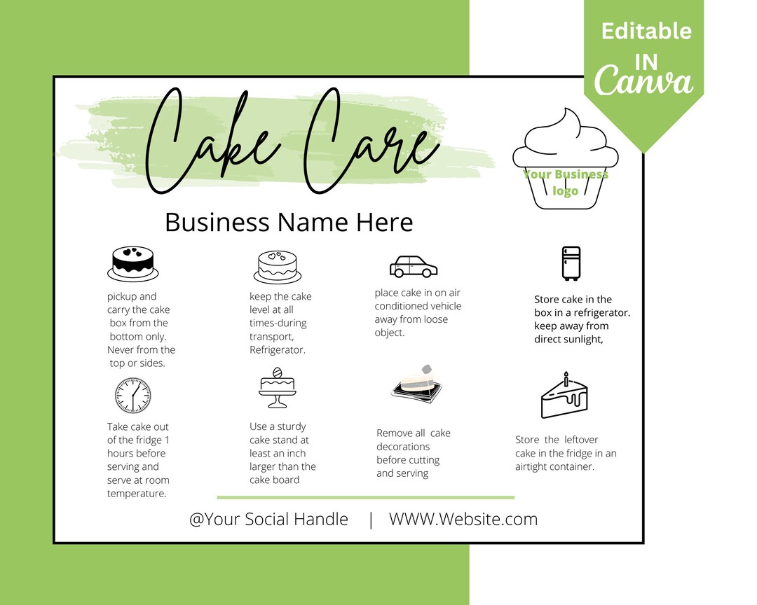 Cake Care Card Template, Editable Cake Care Card, Printable Cake Care ...