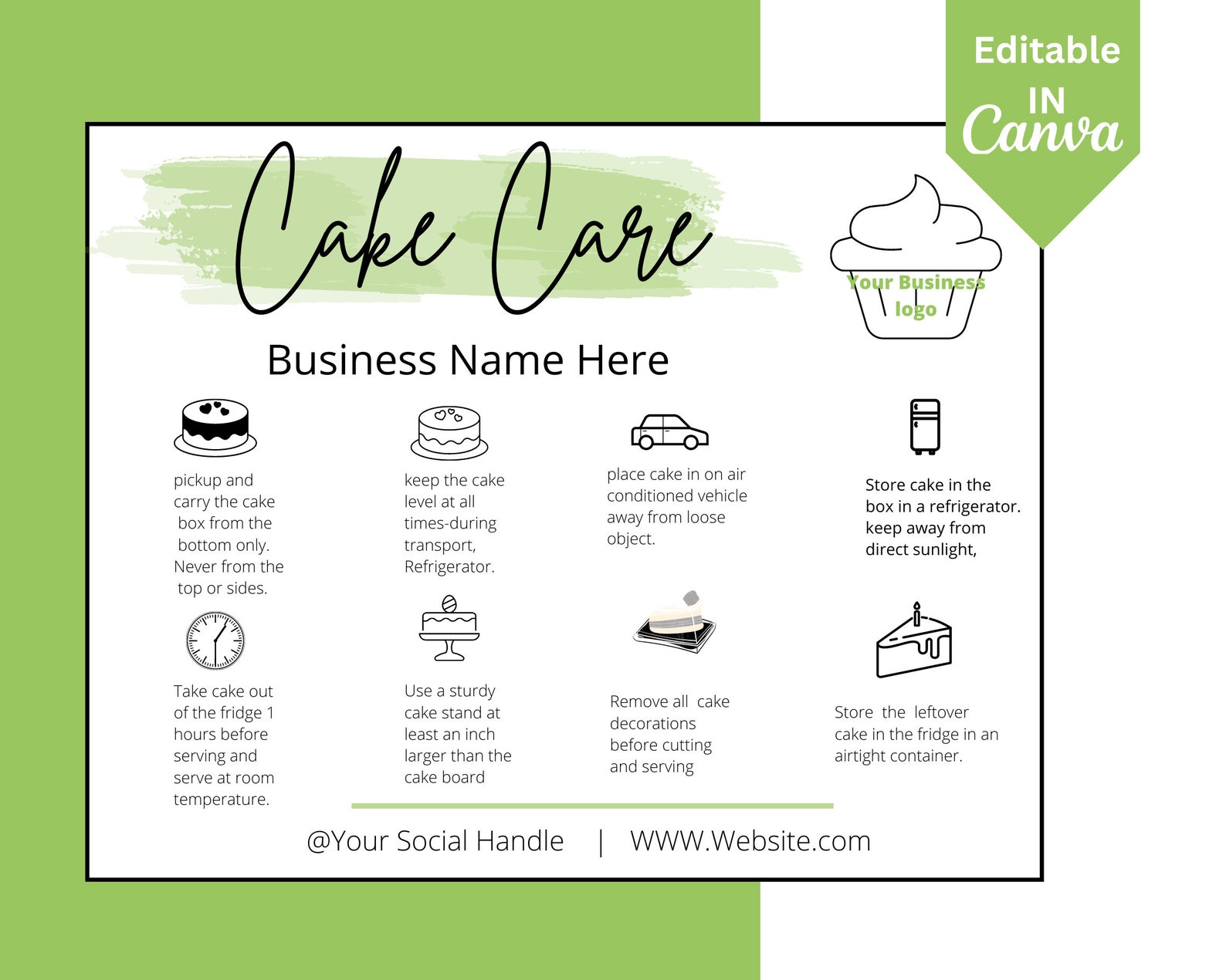 Cake Care Card Template, Editable Cake Care Card, Printable Cake Care ...