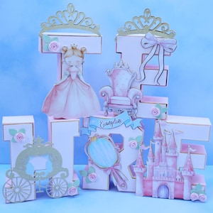 3D Princess Birthday Letters: Pastel Pink Gold Castle Carriage Decor ...
