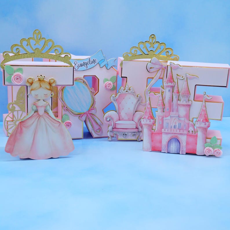 3D Princess Birthday Letters: Pastel Pink Gold Castle Carriage Decor ...