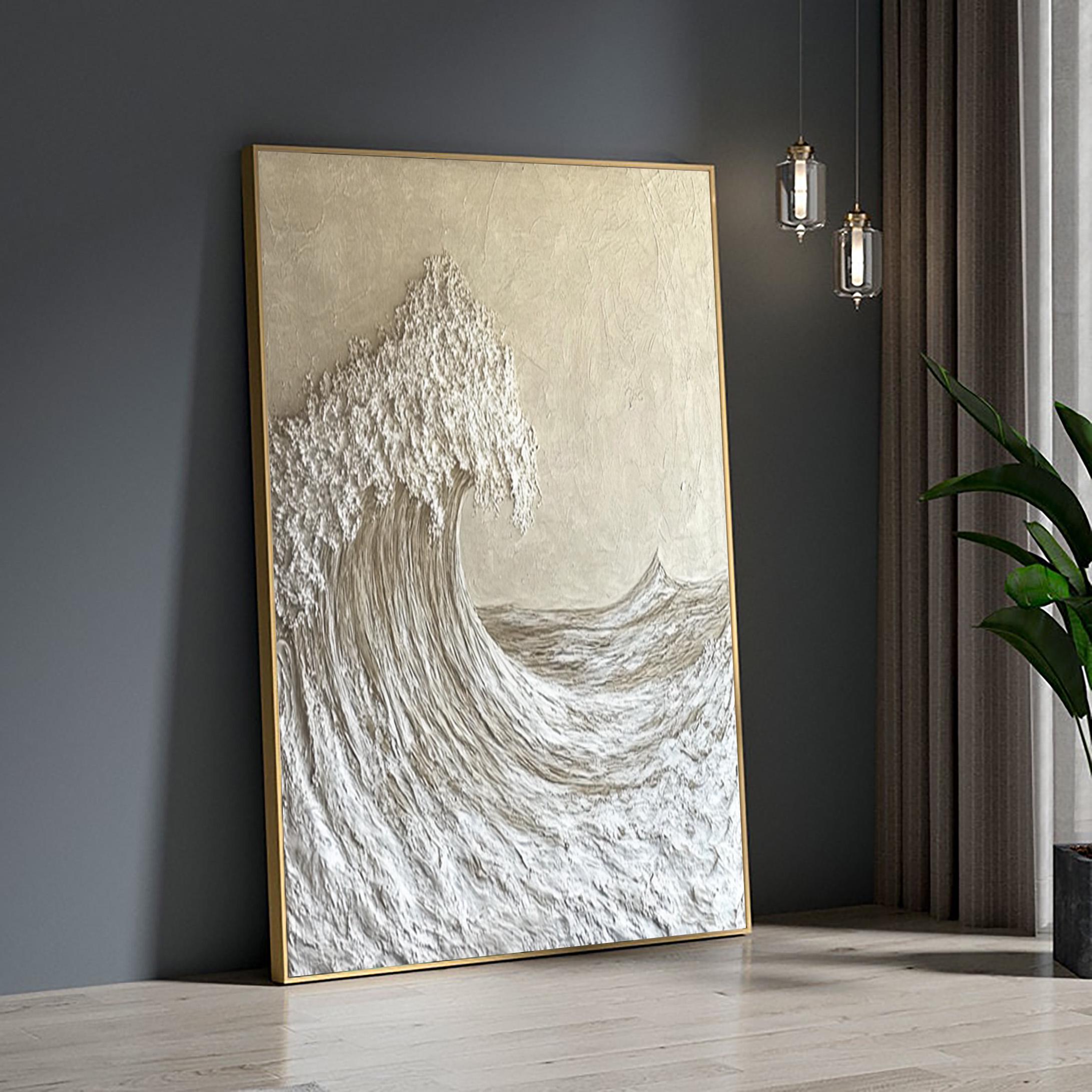 Abstract Ocean Wave Wall Art, White and Beige 3D Textured Painting on Canvas, Minimalist Wall ...