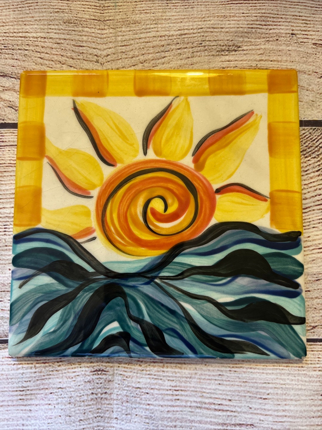 Vicki Carroll Ceramic Handpainted Tile Sun Waves 6” Trivet Signed ...