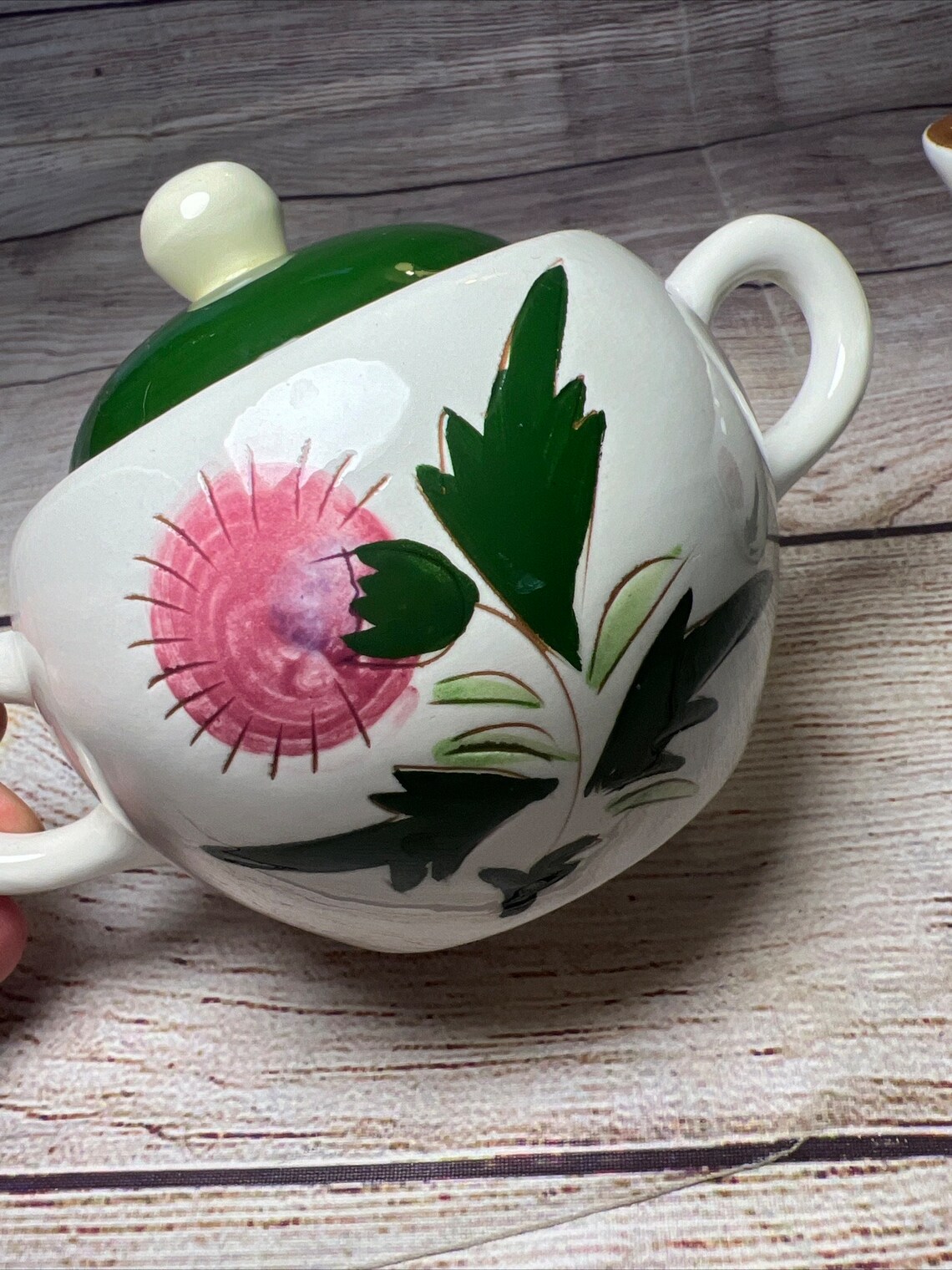 Vintage Stangl Pottery Thistle Pattern Creamer Sugar Set Lid Pink Green ...