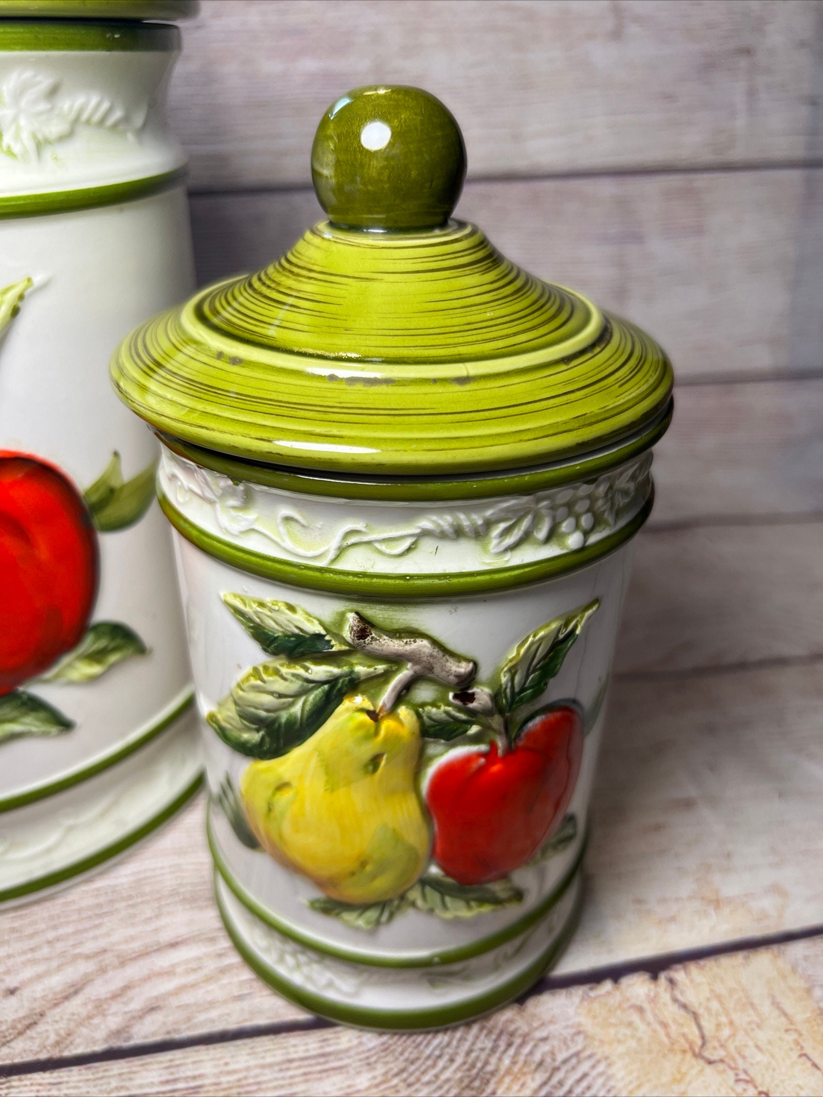 Set 3 Ceramic Kitchen Vintage Canisters Lids Fruit Pear Apple Japan ...