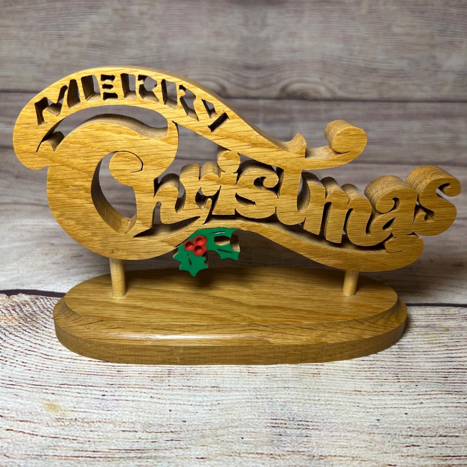 Wooden Wood Die-cut Merry Christmas Plaque Hand Crafted Holly Leaves ...