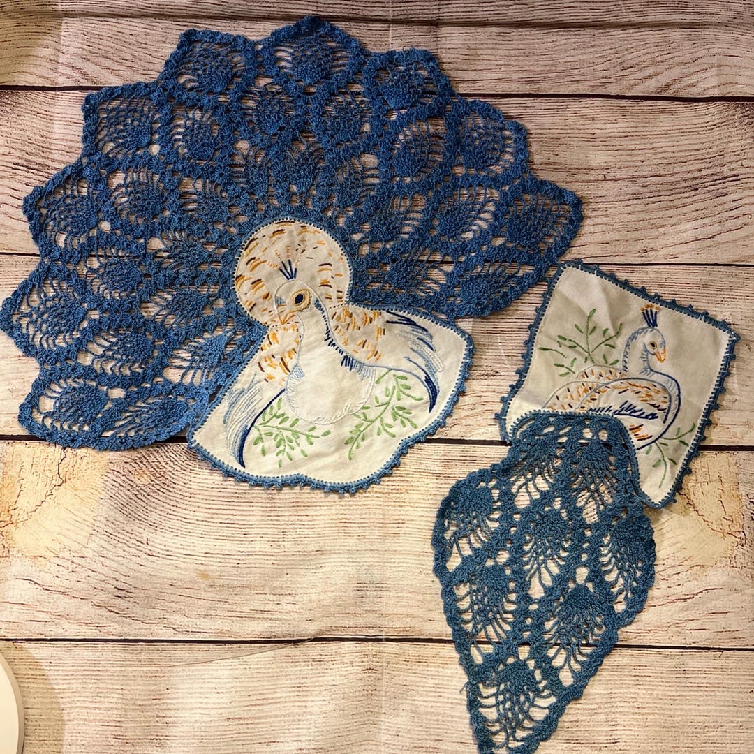 Vintage Pair Embroidered Peacock Doily Crochet Feathers Hand Made Blue ...