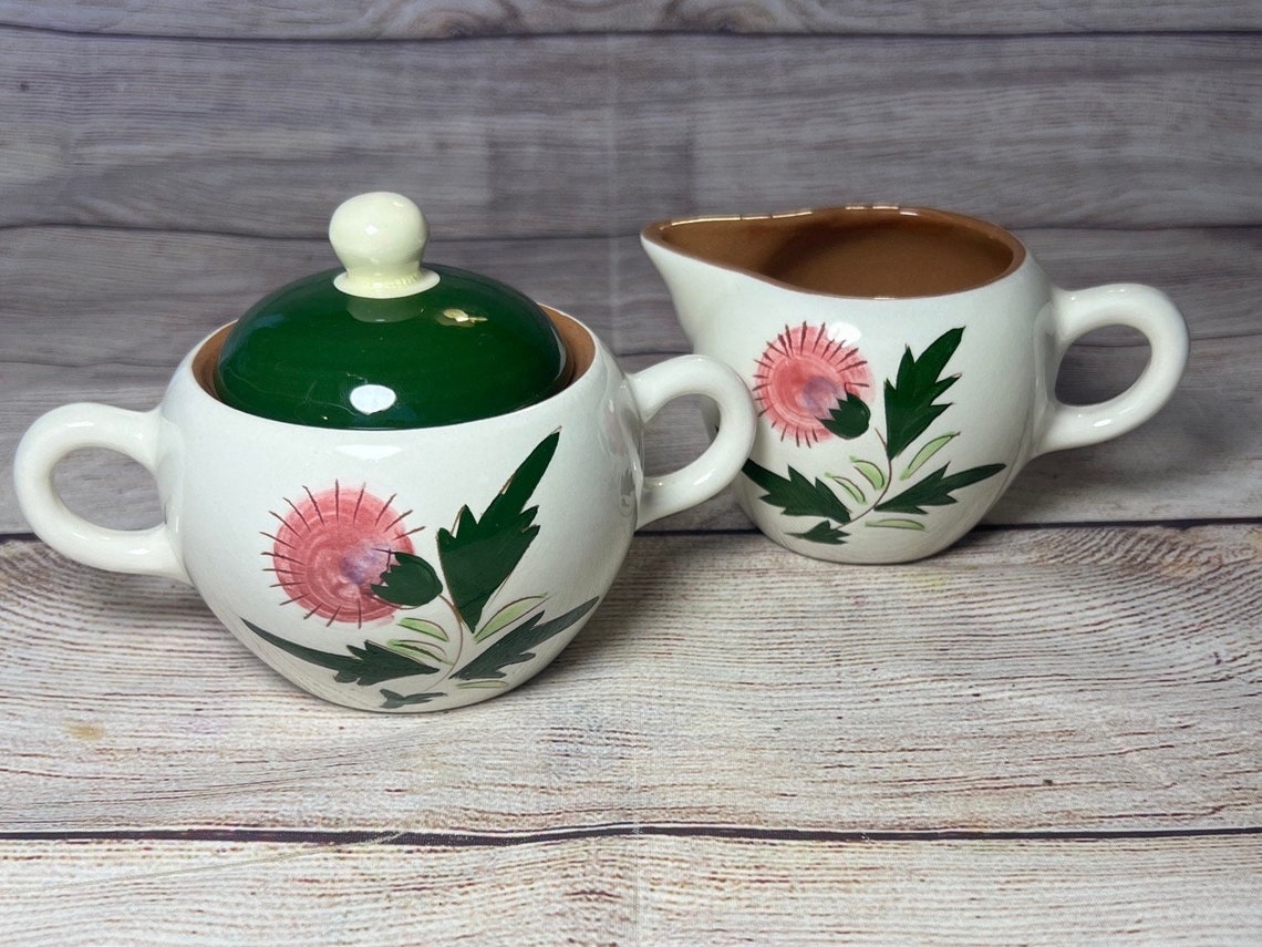 Vintage Stangl Pottery Thistle Pattern Creamer Sugar Set Lid Pink Green ...