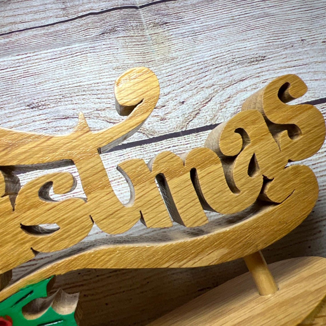 Wooden Wood Die-cut Merry Christmas Plaque Hand Crafted Holly Leaves ...