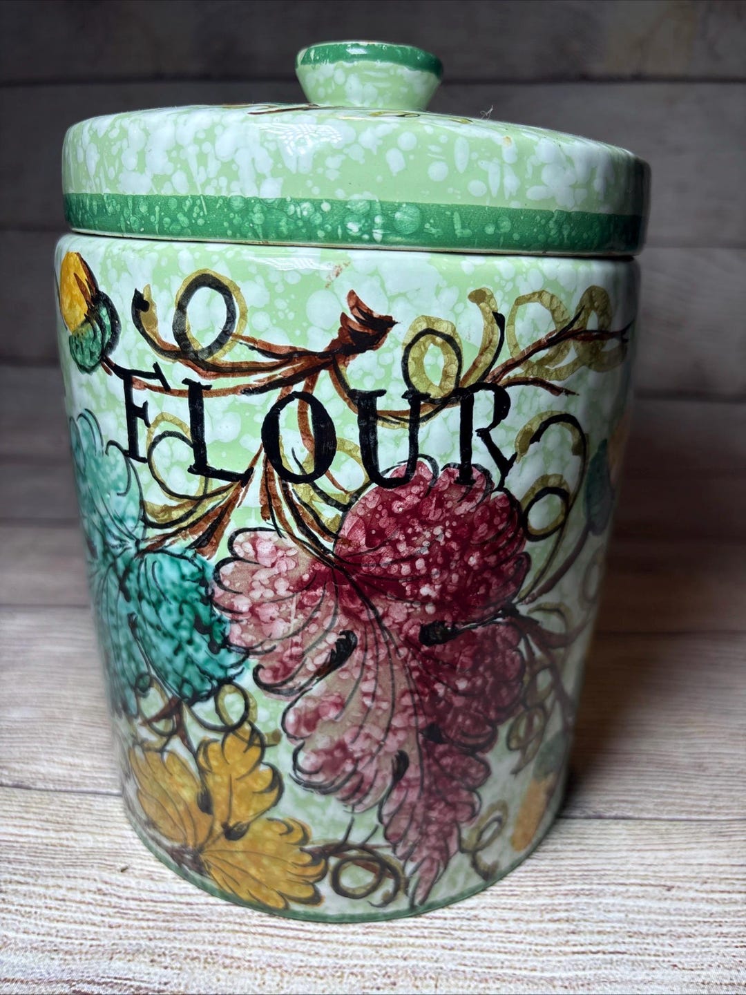 Vtg Ceramic Flour Canister Italy Green White Speckled Leaves 8x6” - Etsy