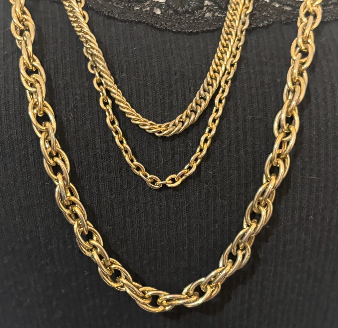 Vintage Costume 3 Triple Strand Chains Necklace Unsigned 30" 26" 24 ...