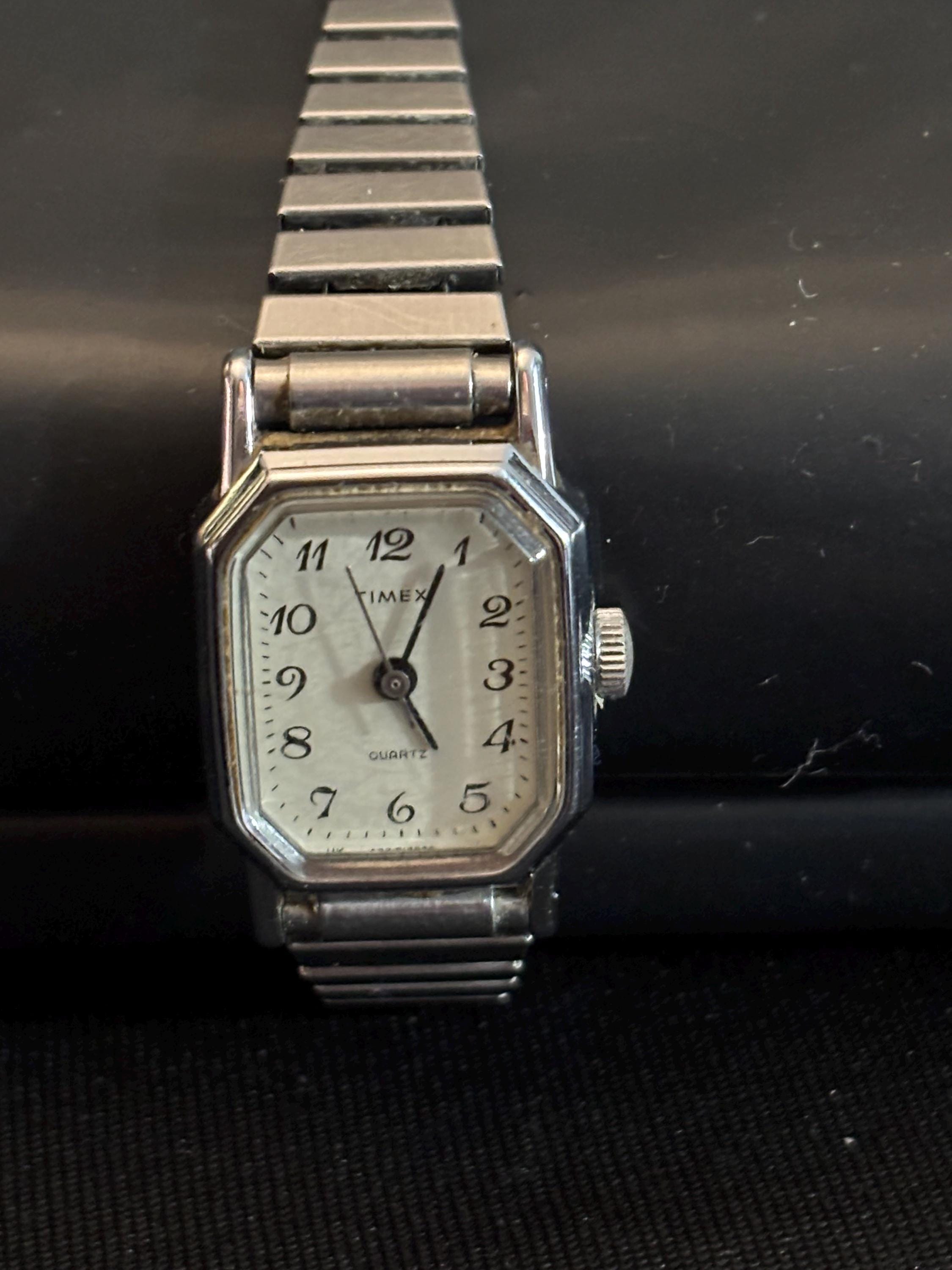 Timex Watch Tonneau Barrel Shape Face Ladies Quartz Silver Tone Stretch ...