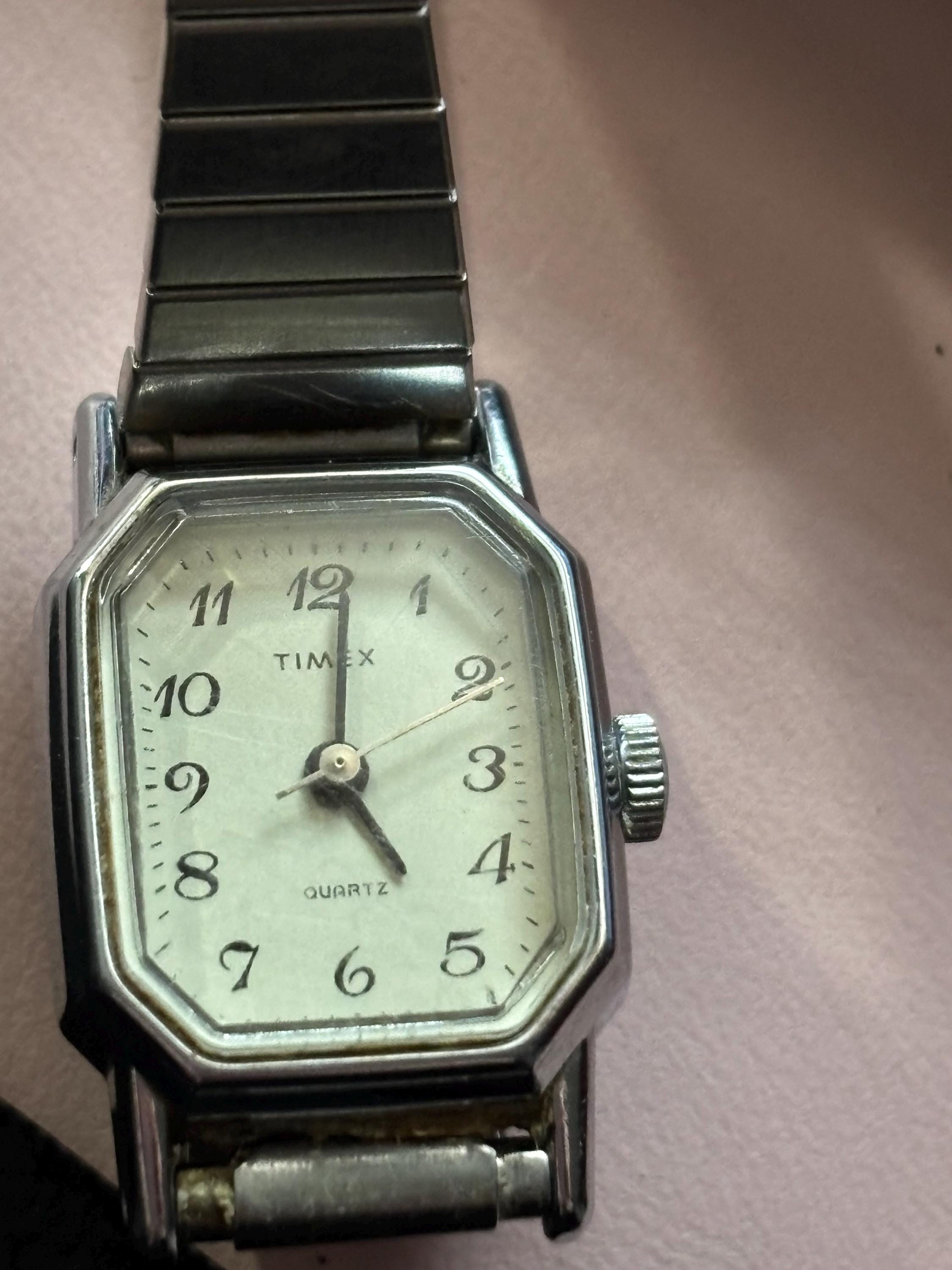 Timex Watch Tonneau Barrel Shape Face Ladies Quartz Silver Tone Stretch ...