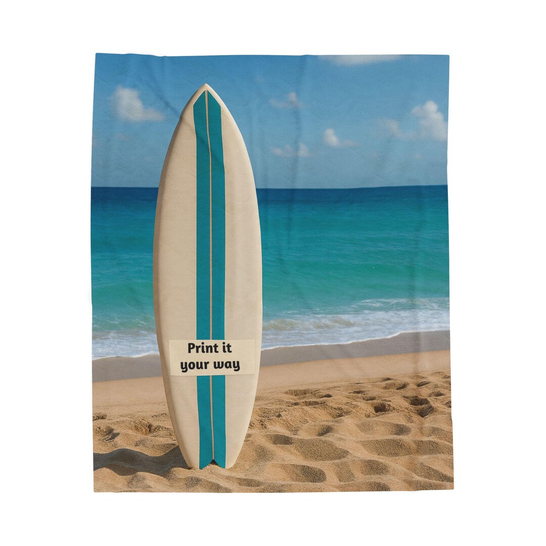 Surfboard on Beach Velveteen Plush Blanket | Ocean Waves Coastal Throw ...