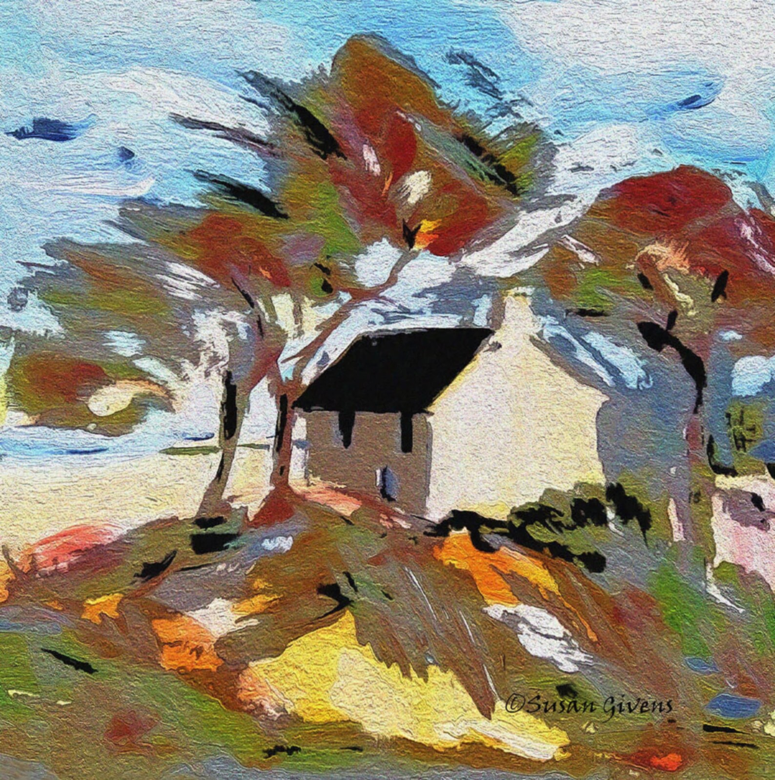 Windy Cottage Art, Cottage House Art, Little House Print, Abstract ...