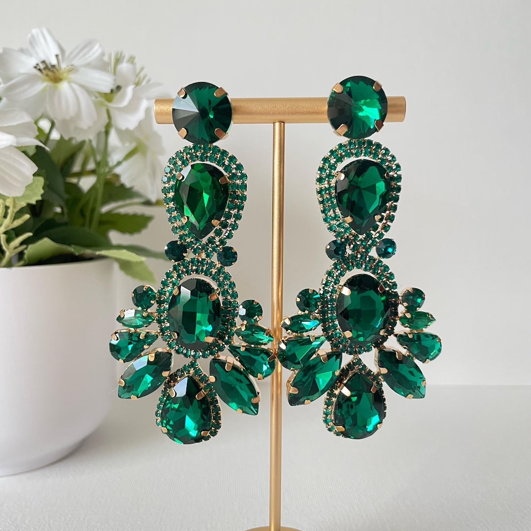 Emerald Green Rhinestone Earrings Pageant Earrings Green Statement ...