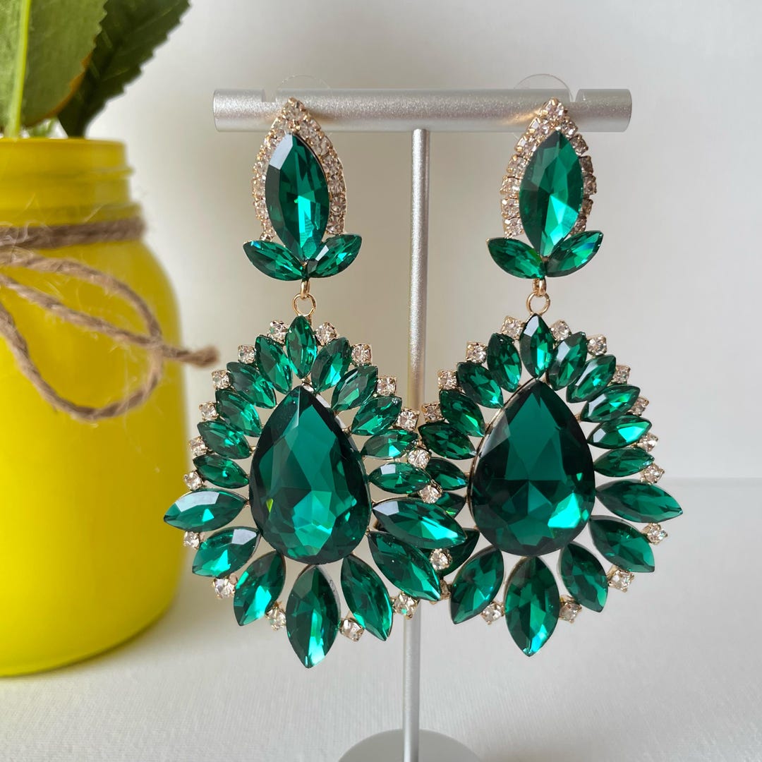 Emerald Green Rhinestone Earrings Green Dangle Earrings Pageant ...
