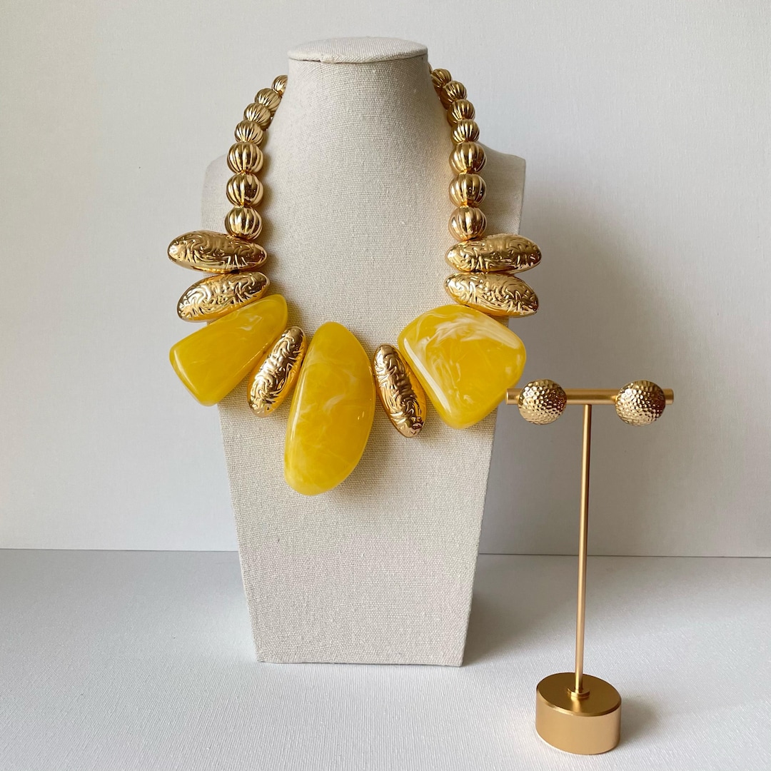 Women's Gold Chunky Necklace and Earrings Set Statement Gold and Yellow ...