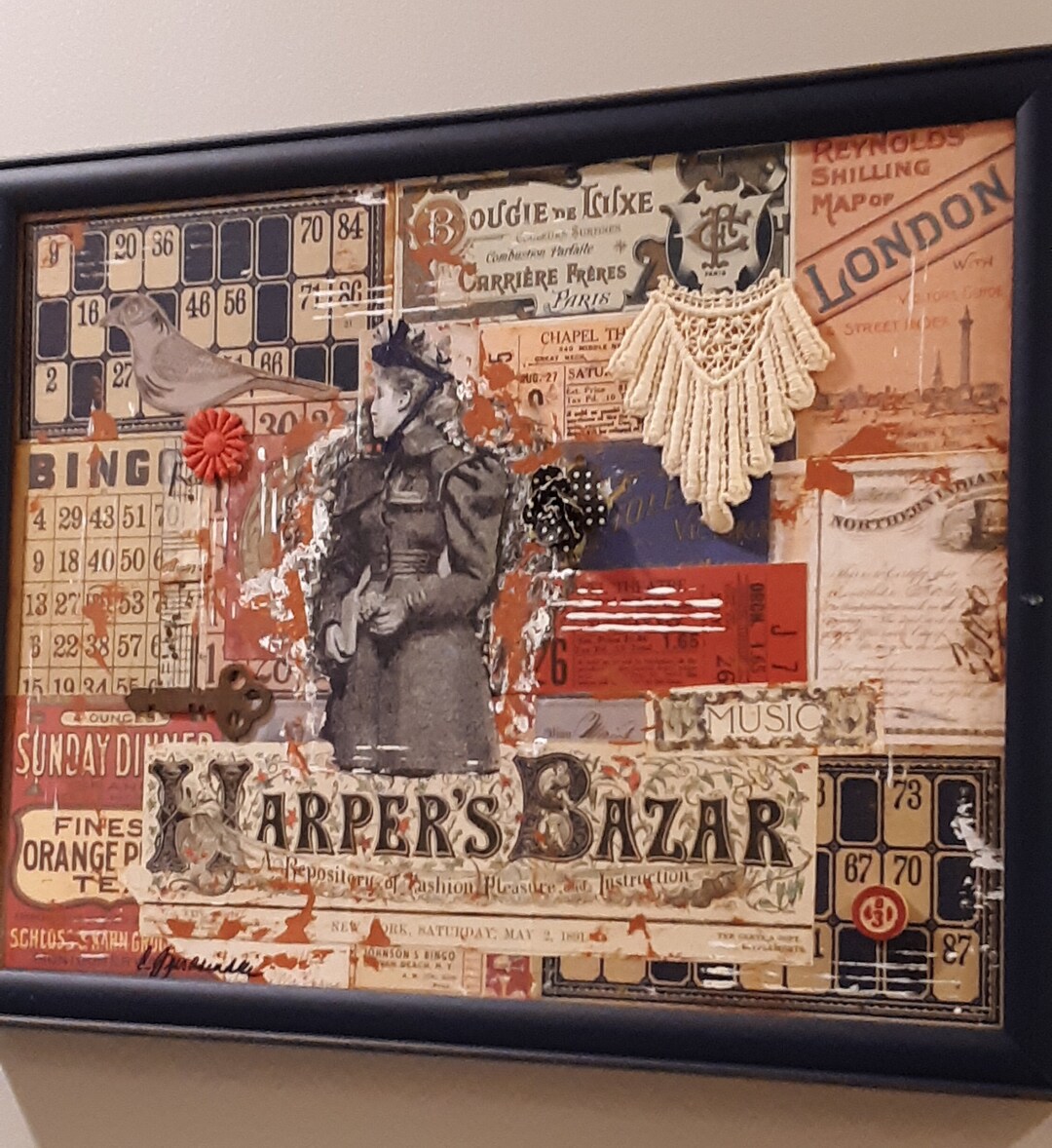Original Mixed Media Collage Canvas Art Colorful Victorian Harpers ...