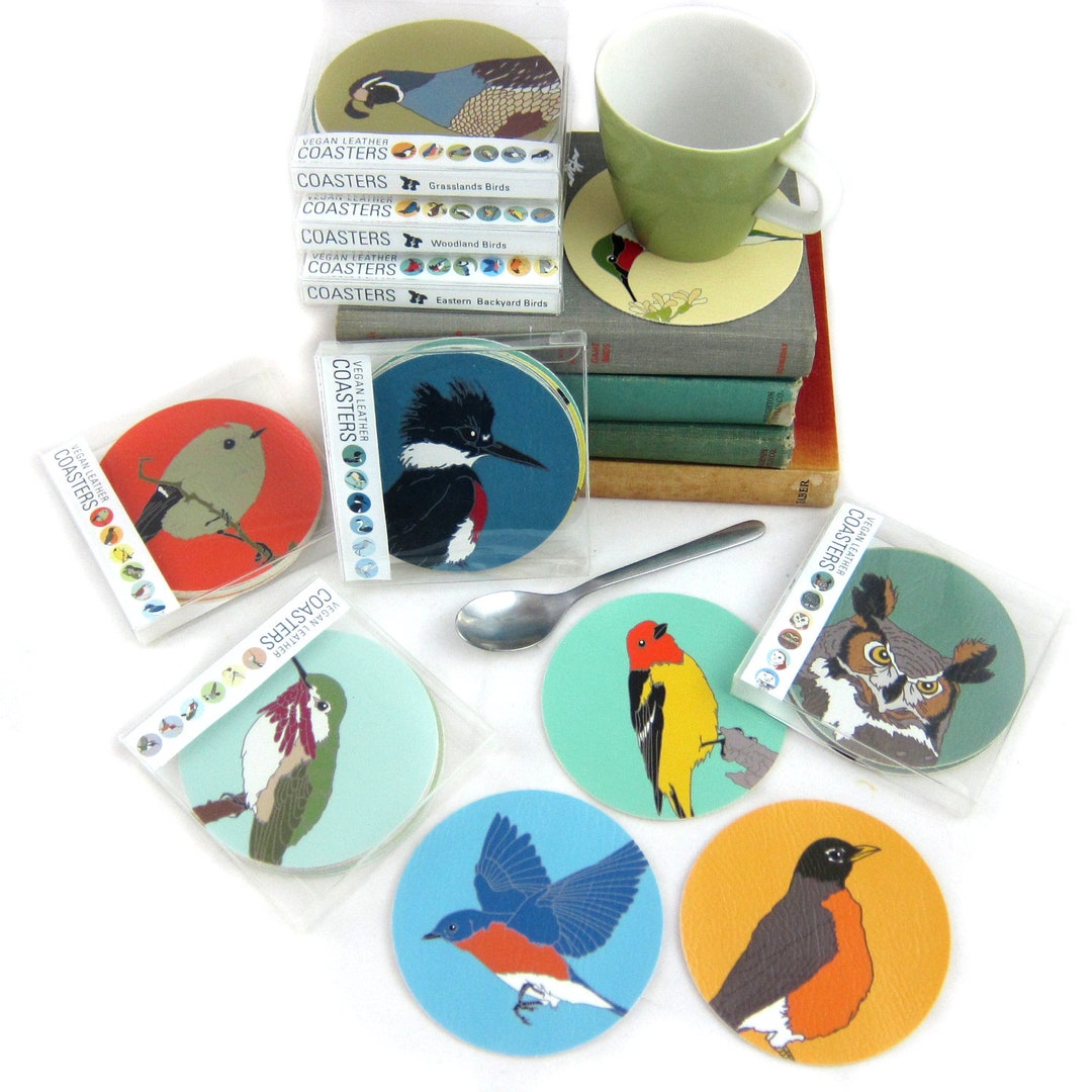 Set of 6 Vegan Leather Wild Bird Coasters | Choose From 12 Different ...