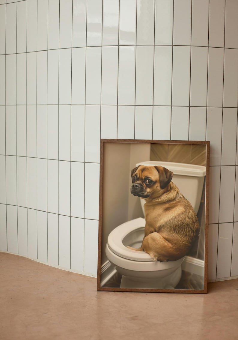 Puggle Bathroom Wall Art, Funny House Decor Art Print, Puggle Sitting ...