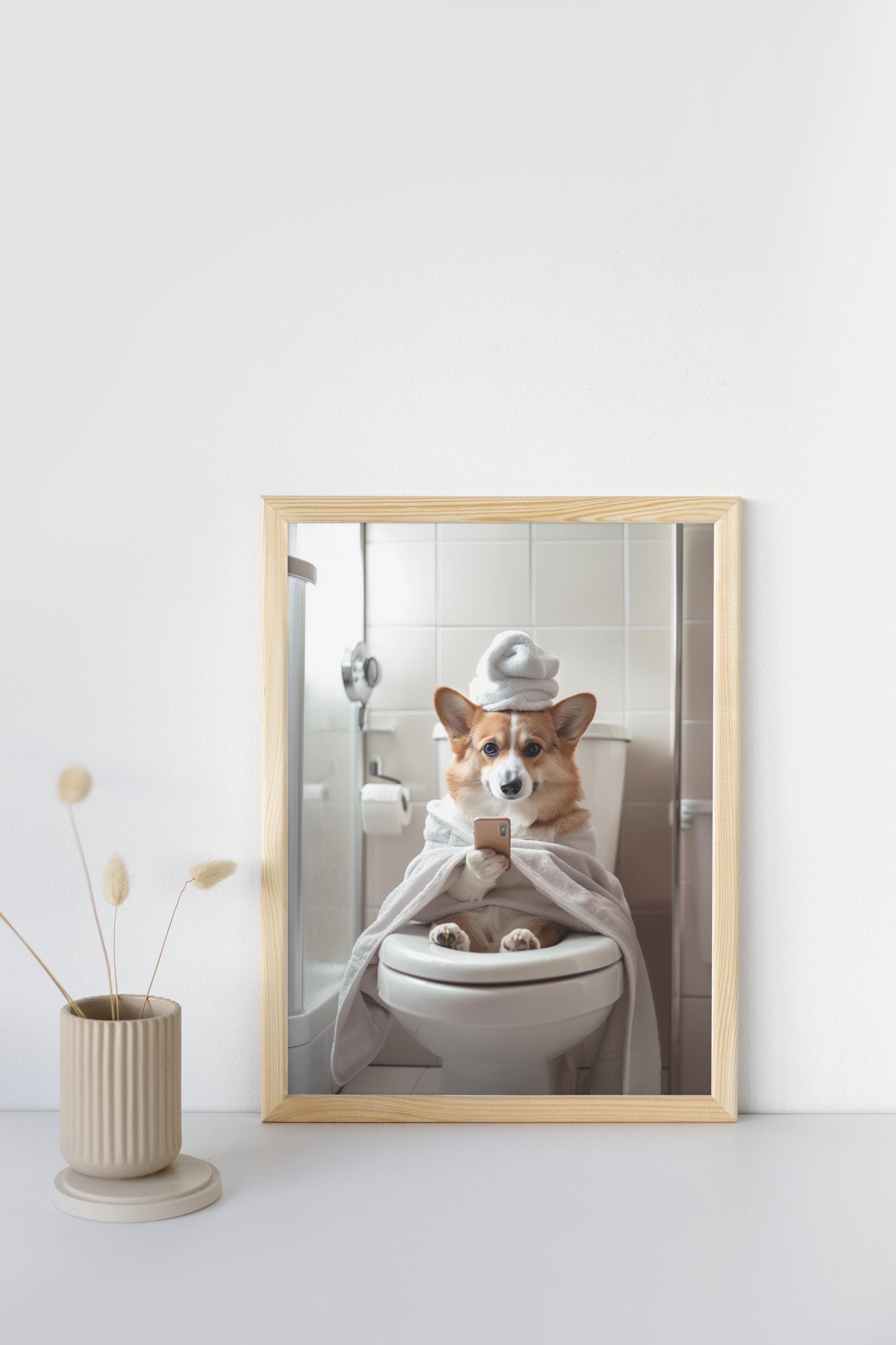 Corgi Bathroom Wall Art, Funny House Decor Art Print, Corgi Wearing a ...
