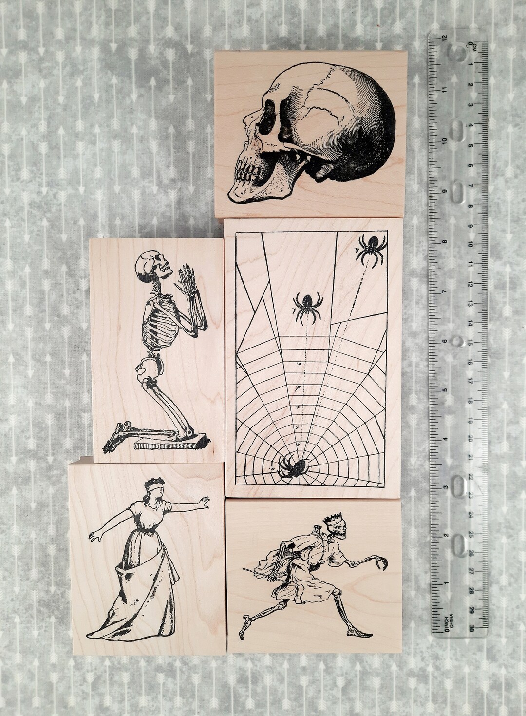 No. 3 Assortment of Halloween Wood Mount Rubber Stamps Skull Skeleton ...