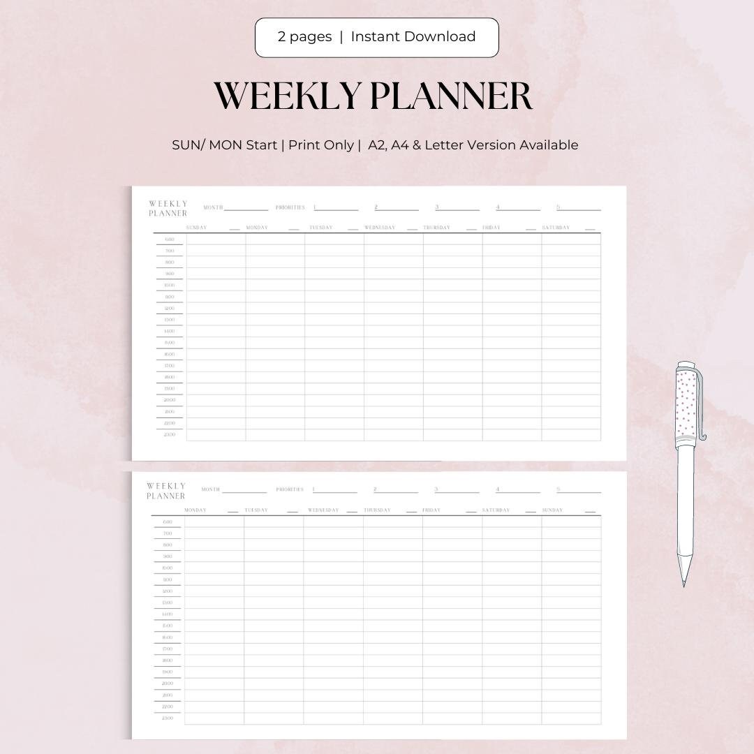 Simple Weekly Planner Printable Landscape | Digital Weekly Planner ...