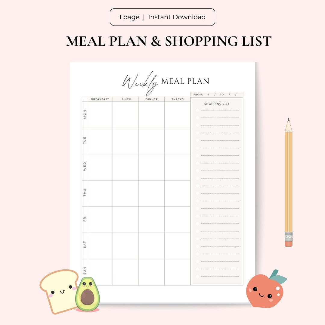 Printable Weekly Meal Planner, Weight-loss, Meal Tracker, Food Journal ...