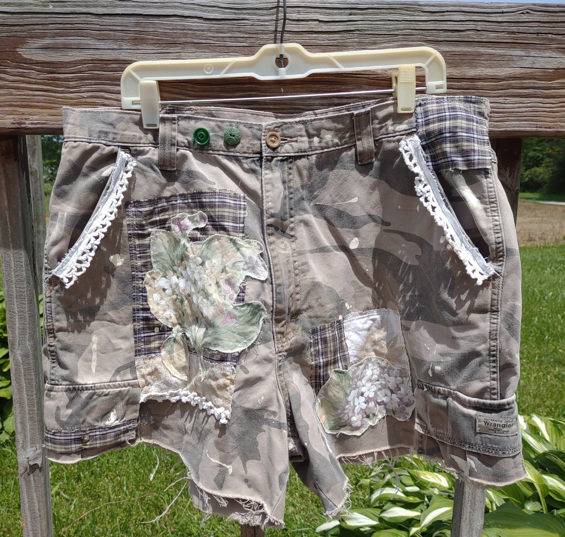 Camo Shorts Upcycled Distressed Cutoffs Patchwork Reworked - Etsy