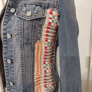 OOAK Jean Jacket Denim Upcycled Colorful Fabric Panels Boho Beads ...