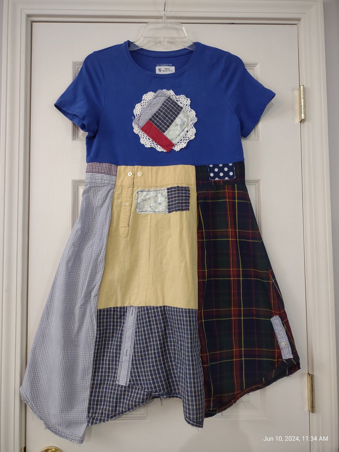 OOAK Upcycled Dress Plaid Patchwork Boho Blue Yellow Doilies Shabby ...