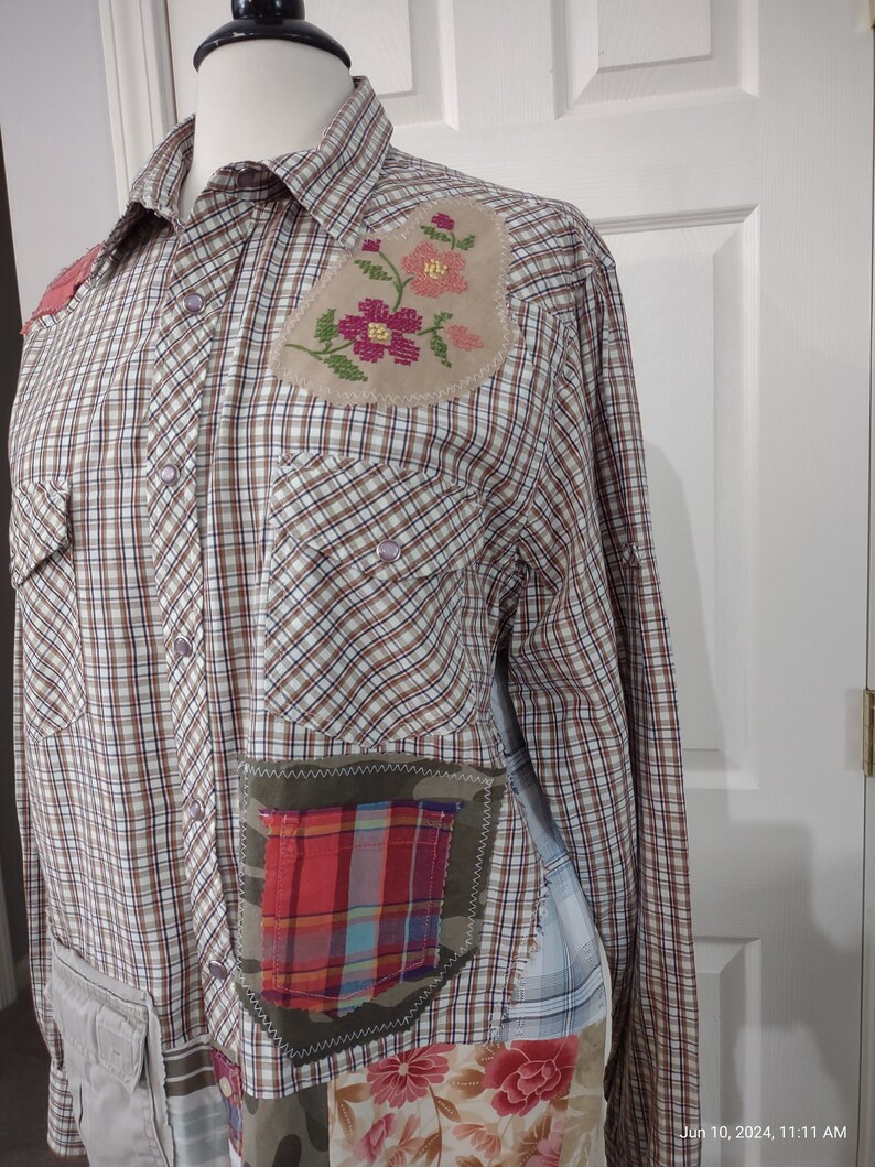Plaid Western Shirt Upcycled Funky Boho Patchwork Cottage Core Shabby ...