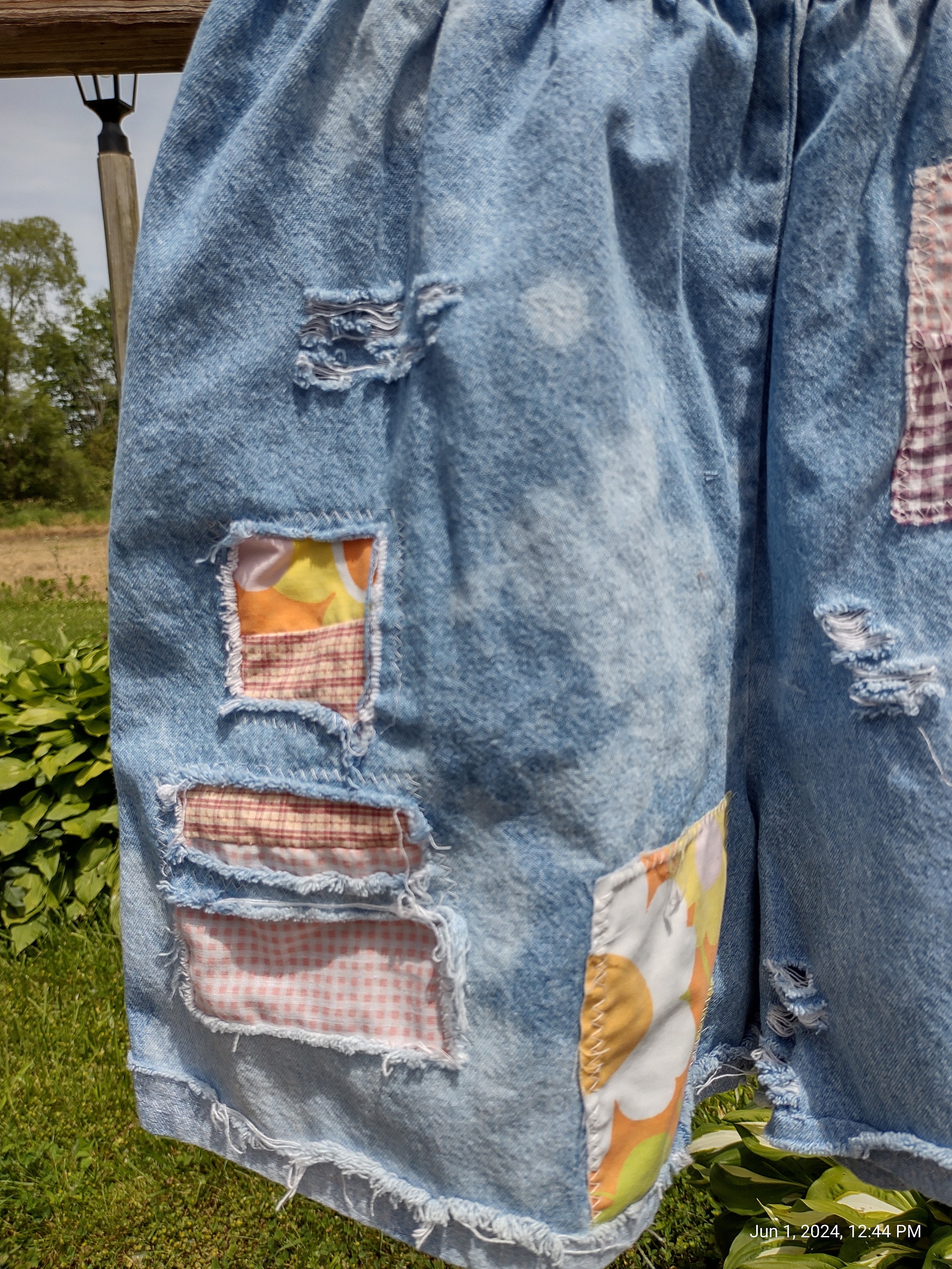 Upcycled Denim Shorts Patched Elastic Waist, High Rise Distressed ...