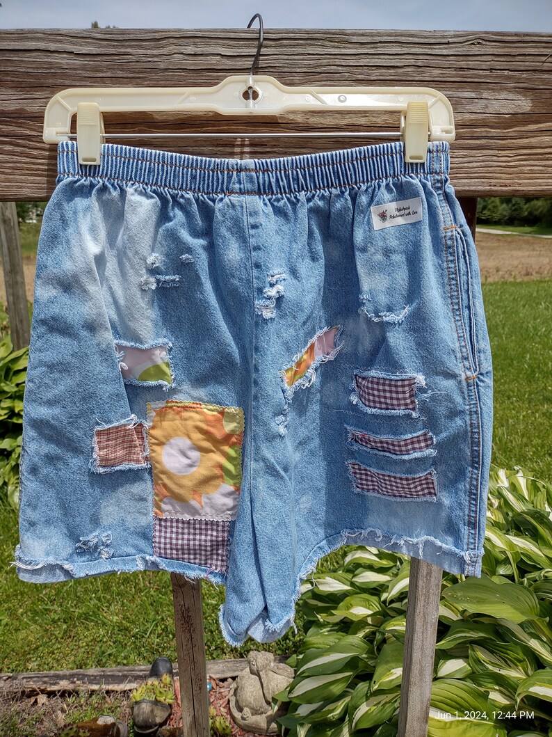 Upcycled Denim Shorts Patched Elastic Waist, High Rise Distressed ...