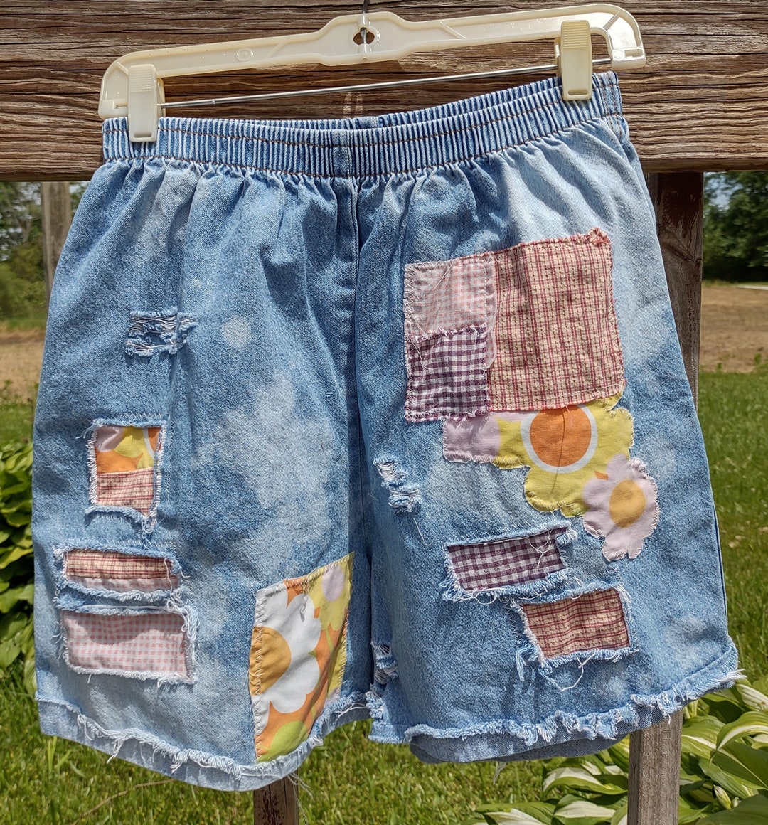 Upcycled Denim Shorts Patched Elastic Waist, High Rise Distressed ...