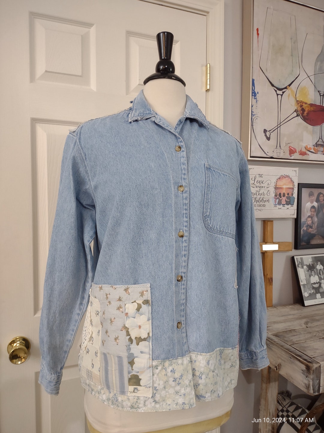 Bass Denim Shirt Upcycled Boho Patchwork Shacket Cottage Shabby Chic ...