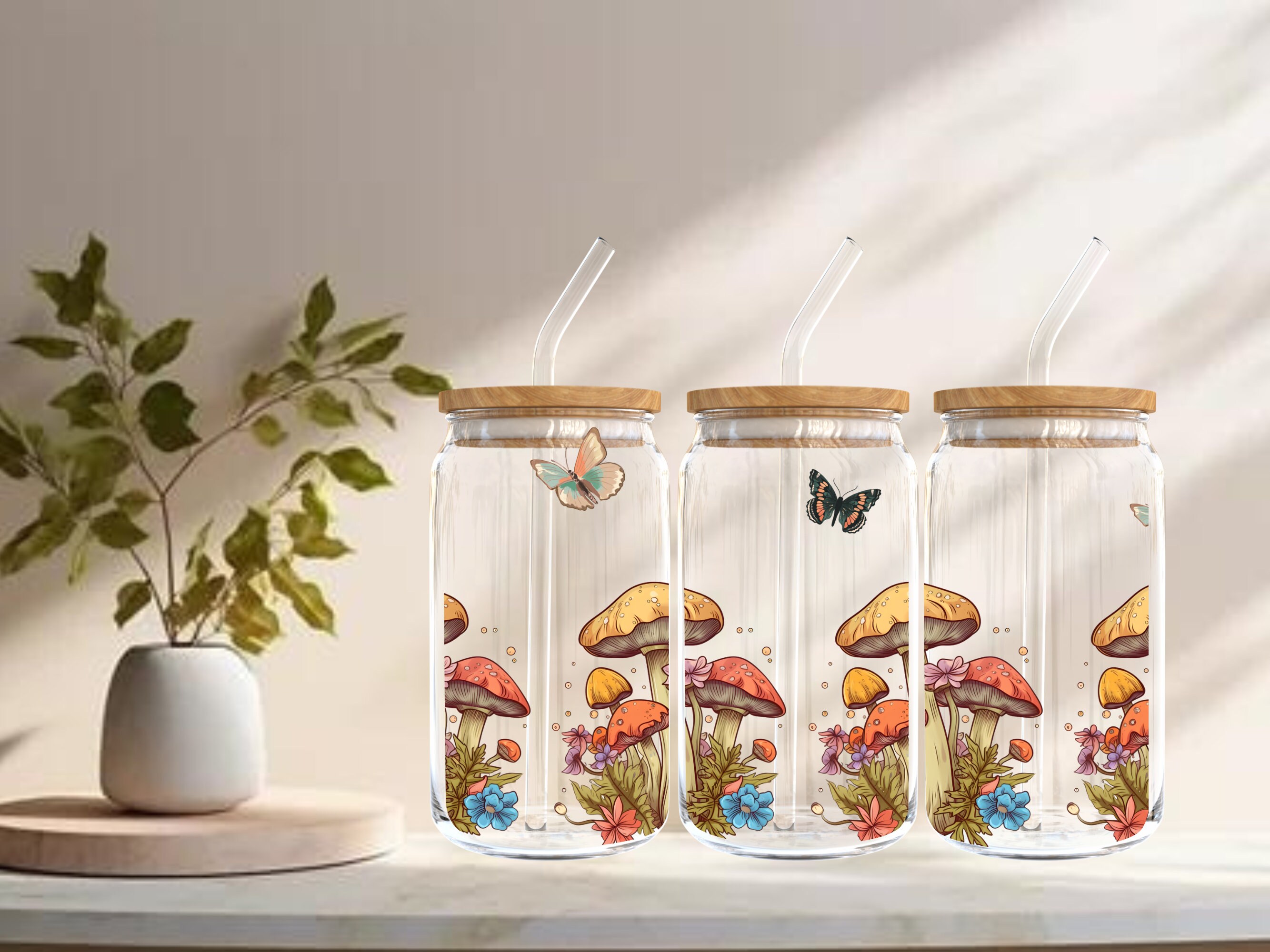 Cottagecore Glass Cup With Bamboo Lid and Straw Glass Tumbler Can Cup ...