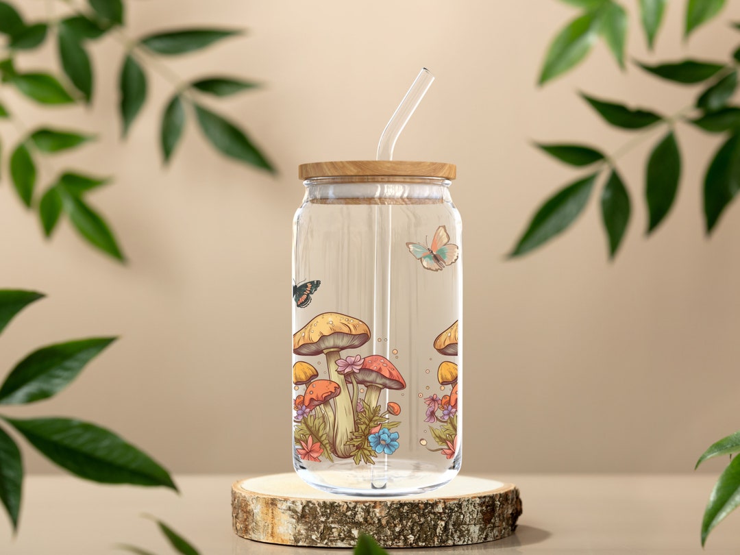 Cottagecore Glass Cup With Bamboo Lid and Straw Glass Tumbler Can Cup ...