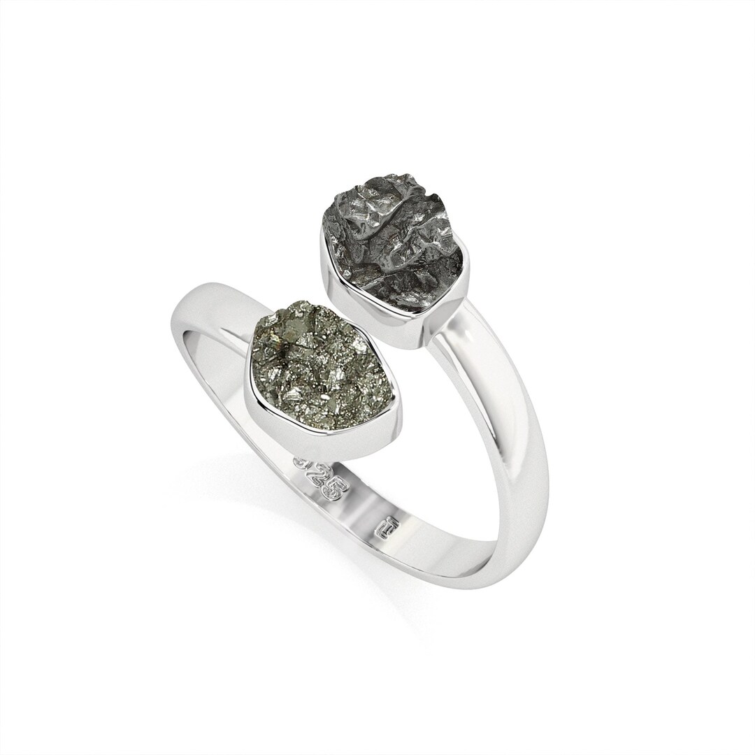 Natural Raw Meteorite and Pyrite 2 Stone Solitaire Ring in Sterling ...