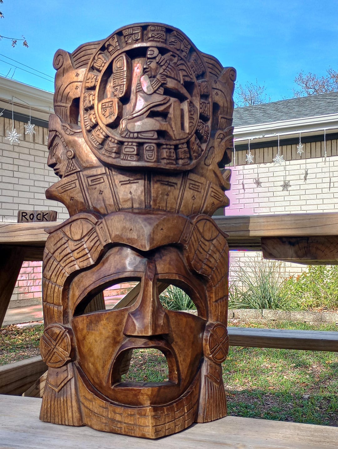 Antique Mayan Decorative Wooden Mask, Hand-carved Aztec Calendar Glyphs ...