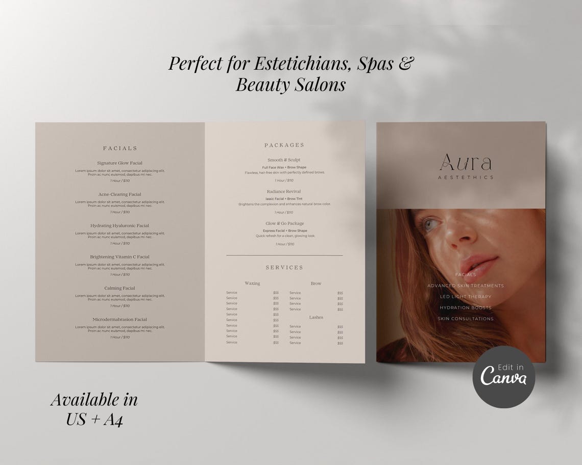 Skincare Facial & Treatment Spa Booklet Menu Template | Half-fold Price ...