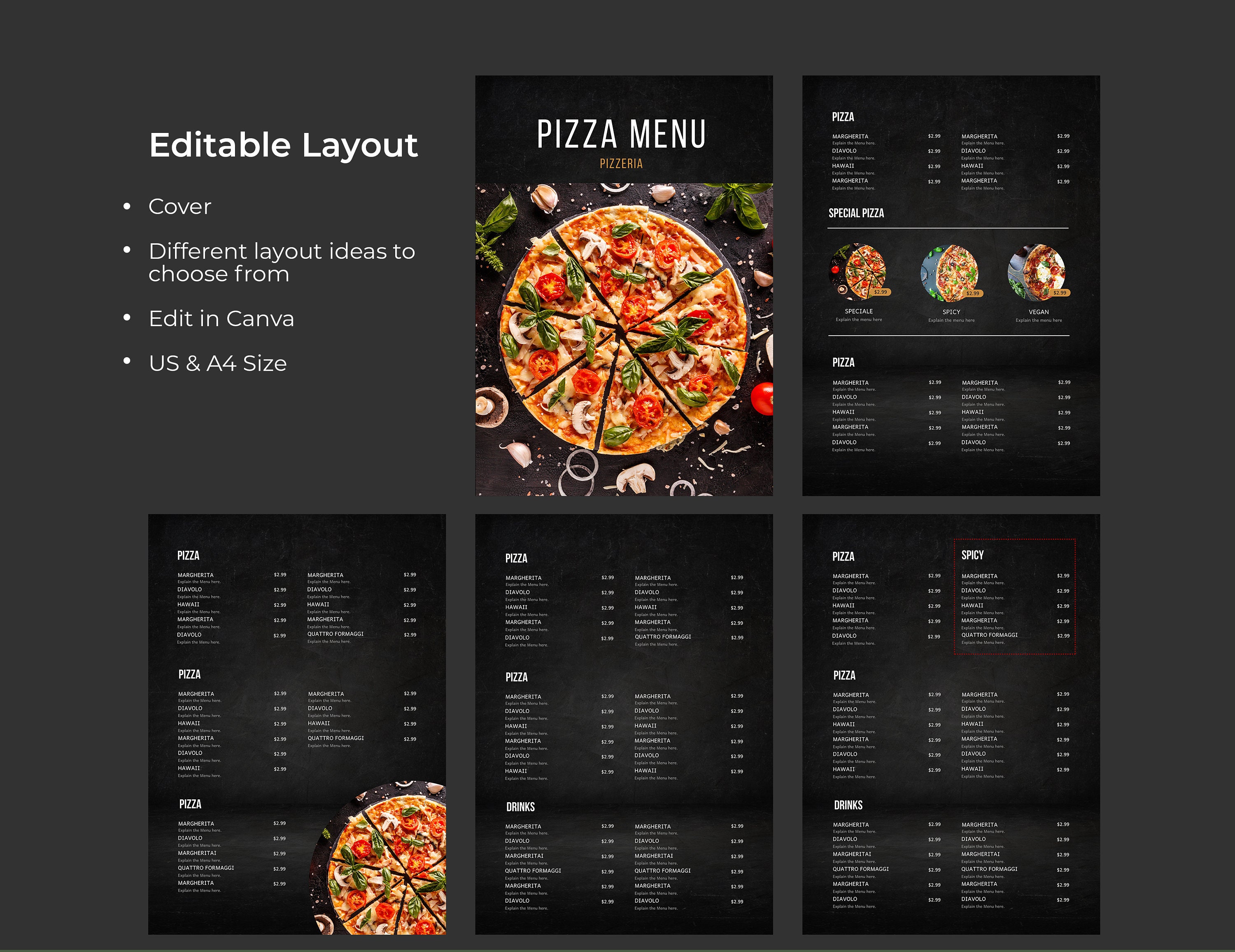 Black Pizza Menu Brochure Flyer for Pizzaria, Editable Template Canva ...