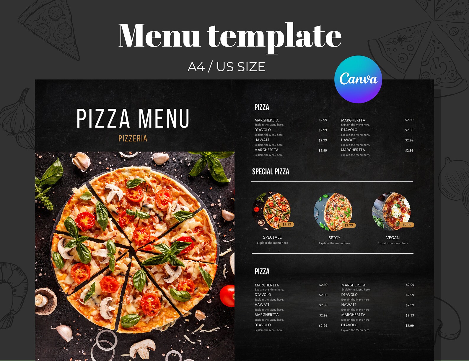 Black Pizza Menu Brochure Flyer for Pizzaria, Editable Template Canva ...
