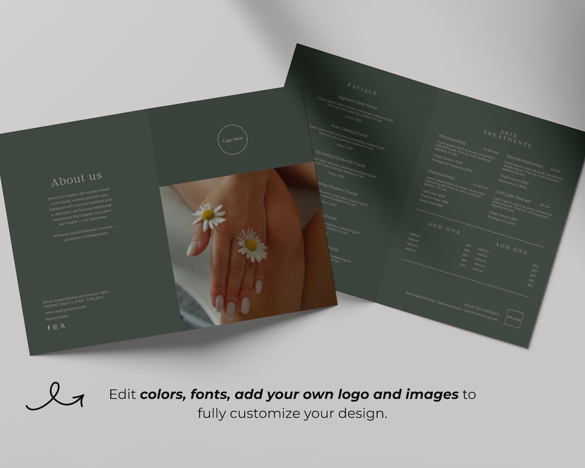 Skincare Facial & Treatment Spa Booklet Menu Template | Half-fold Price ...