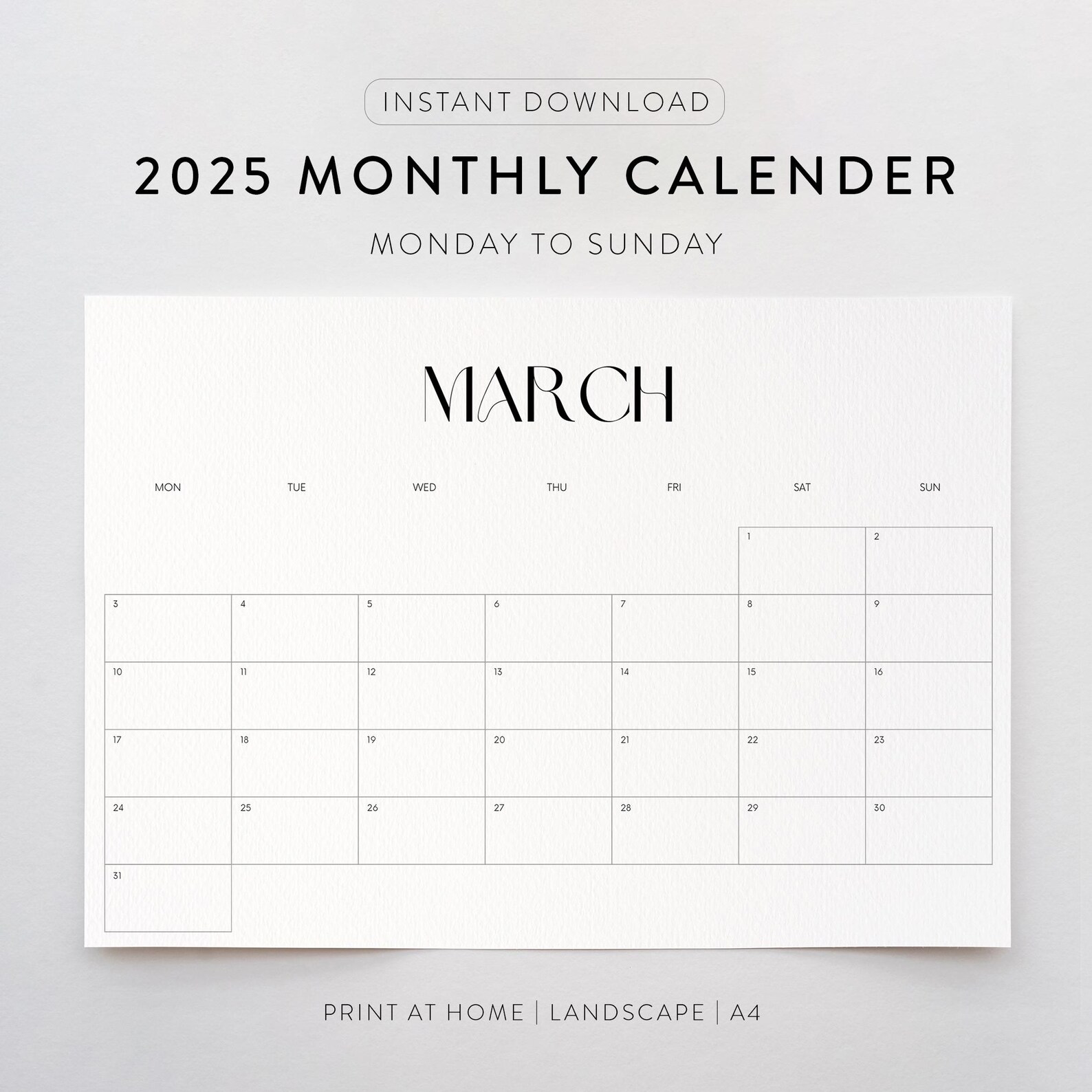 Printable 2025 Calendar, 2025 Monthly Planner, Monthly Calendar, Monday ...